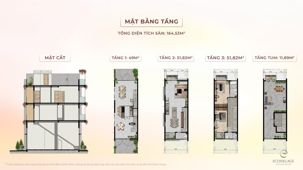Mặt bằng và Layout River Townhouse tại EcoVillage Saigon River